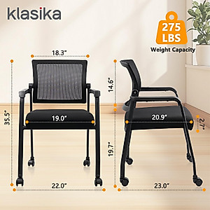 KLASIKA Waiting Room Chairs with Wheels, Adjustable Mesh Backrest, Desk Chair with Ergonomic Lumbar Support and Thickened Seats Cushion, Black