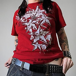 Y2k Women Grunge Short Sleeve Teen Girl Aesthetic Top Skull Graphic Print Oversized Halloween Baggy Tshirt (Red Star, M)