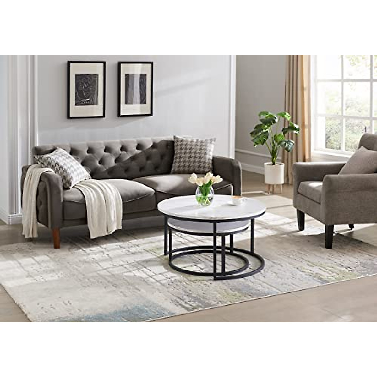 Modern Nesting Coffee Table Set of 2 for Living Room, Office, Balcony, Mid Century Round Wood Accent Coffee MDF Faux Marble Tabletop w/Black Color Frame, Gift for Thanksgiving Christmas -White