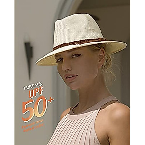 FURTALK Sun Hats for Women Summer Wide Brim UV UPF 50+ Panama Fedora Foldable Packable Straw Beach Hat Medium Beige