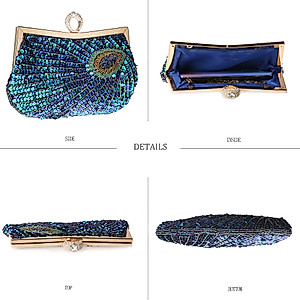 Peacock Evening Bag Sequins Beaded Clutch Purse with Ring Lock Closure for Wedding Party Peacock Blue