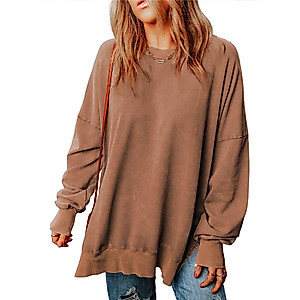 SHEWIN Womens Sweatshirt Casual Long Sleeve Crew Neck Loose Fleece Pullover Tops Lightweight Soft Fall Oversized Sweatshirts for Women,US 16-18(XL),Brown