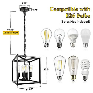 Unicozin 4-Light Black Farmhouse Chandelier, Iron Lantern Pendant Light Rustic Cage Adjustable Height, E26 Base Industrial Hanging Lights for Kitchen Island Dining Room Hallway Foyer Entryway