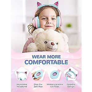 iClever Cat Ear Kids Bluetooth Headphones,LED Light Up On Ear Kids Wireless Headphones with Mic,74/85/94dB Volume Limited,50H Playtime,Bluetooth 5.2,Pink Headphones for iPad/Tablet/PC/Travel,BTH13