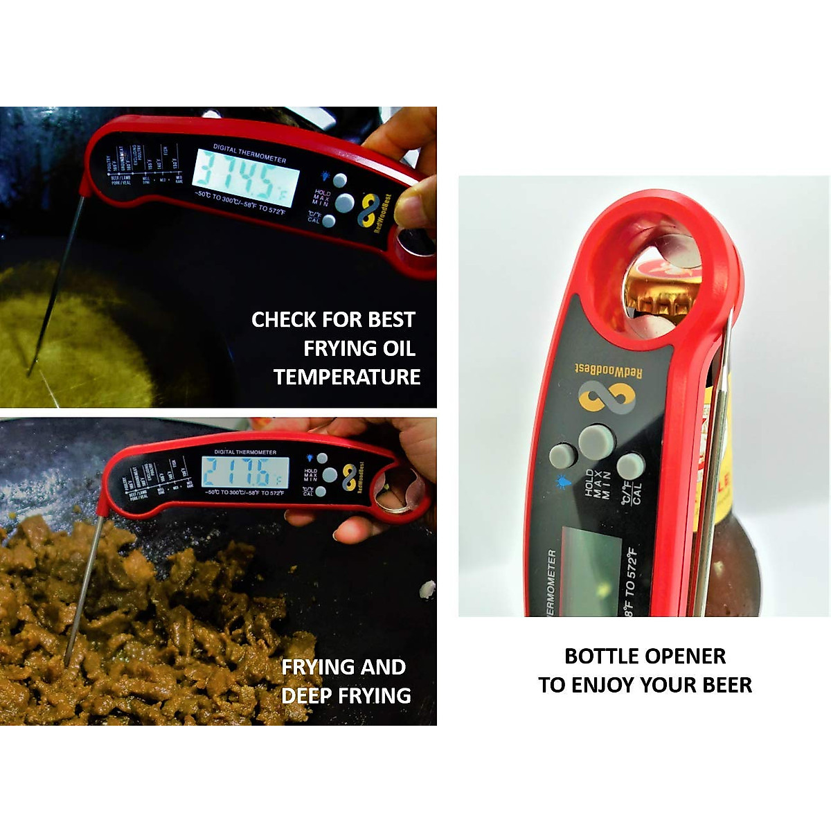 RedWoodBest Digital Meat Thermometer Instant Read Waterproof with Backlight & Calibration, Magnet and Bottle Opener, Best for Kitchen, Food, BBQ, Grill, Deep Fry, Baking, Candy, Indoor Outdoor Cooking