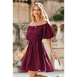 PRETTYGARDEN Women's Off The Shoulder Babydoll Dress Short Puff Sleeve Casual A Line Ruffle Summer Dresses (Solid Wine Red,Large)