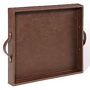 Ranslen Square Leather Serving Tray with Handles, 15"x15" Table Trays for Ottoman Coffee Table, Decorative Tray for Home Organizer Living Room Kitchen Food Tray, Breakfast Tray in Bed, Brown