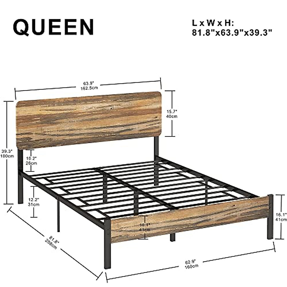 LIKIMIO Queen Size Bed Frame, Bed Frame Full with Headboard and Heavy Strong Supports/Noise-Free/No Box Spring Needed/Rustic Brown