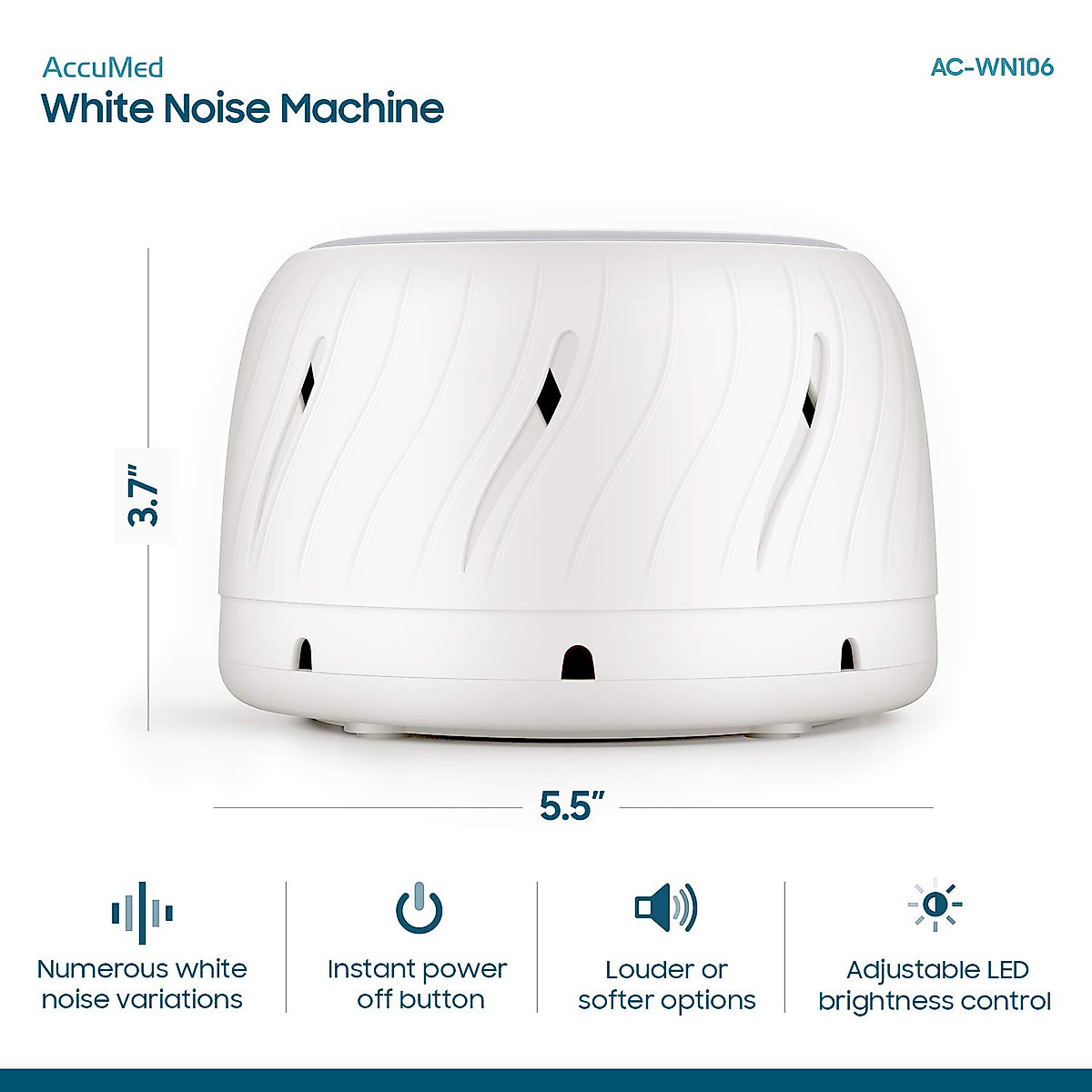 AccuMed White Noise Machine with Real Fan, Adjustable Volume, Non-Looping Sound Machine for Sleeping, Adults and Baby, Night Light, Privacy for Office, Sleep, Relaxation, Travel Portable (AC-WN106)