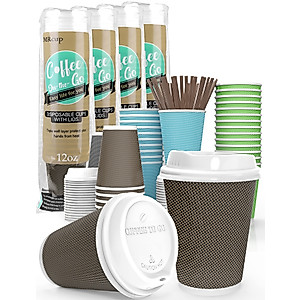 MRcup 12 oz Hot Beverage Coffee Cups with Lids and Straws, Insulated Triple Wall Leak/Heat free Disposable Anti-slip Togo Reusable Paper Cups, Brown [40 Packs]