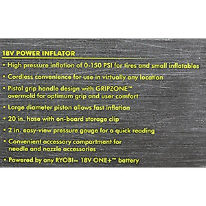 RYOBI P737 18-Volt ONE+ Portable Cordless Power Inflator for Tires (Battery Not Included, Power Tool Only)