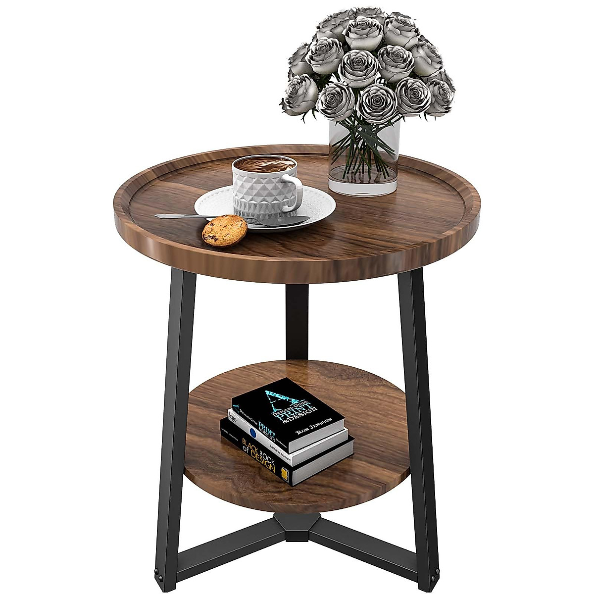 texinpress Round End Table with Storage Shelf, 2 Tier Round Side Table Nightstand for Living Room, Bedroom, Wood Tabletop and Black Metal Frame (19.7 * 19.7 * 21.7 inches)