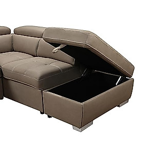 THSUPER 104'' Sectional Sleeper Sofa with Pull Out Bed and Storage Chaise Ottoman, L Shaped Sectional Couch with Reclining Headrest and Stools for Living Room, Microfiber Upholstered - Light Brown