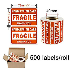 SJPACK 500 Fragile Stickers 1 Roll 2" x 3" Fragile - Handle with Care - Thank You Shipping Labels Stickers (500 Labels/Roll)