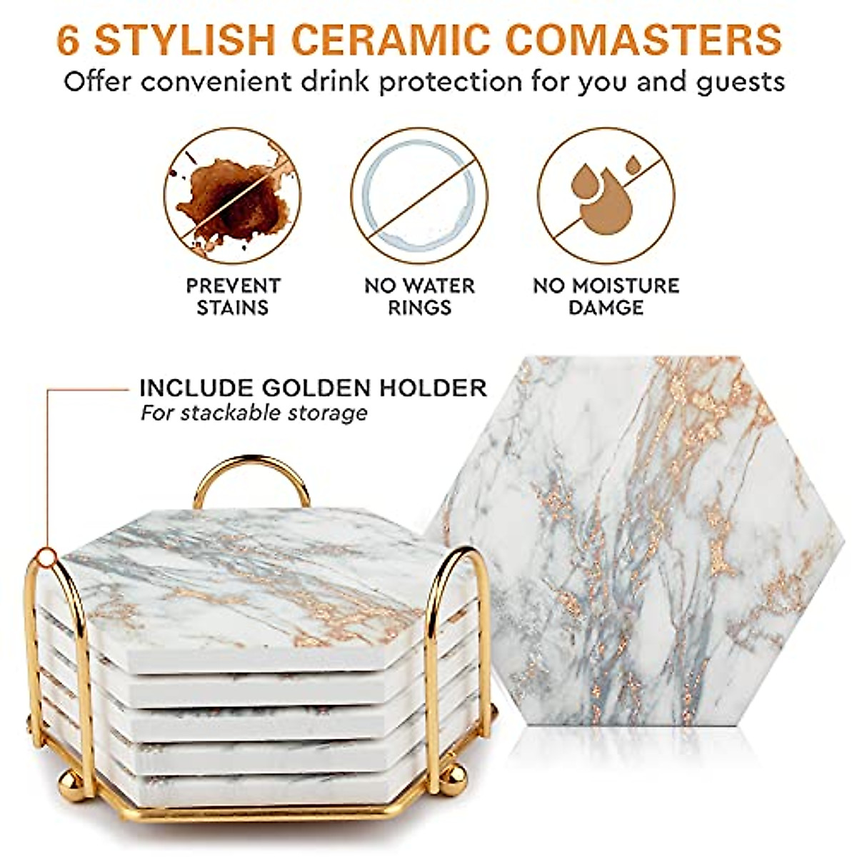 Marble Coasters for Drinks Absorbent with Cork Base, 6 Pcs Drink Coasters for Wooden Table with Metal Holder, Gold Ceramic Cup Coaster Set Rustic Home Decor for Living Room Bar - Housewarming Gifts