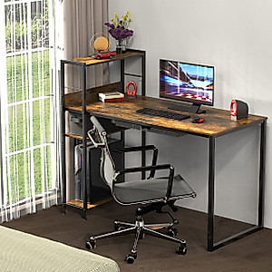 SHW 46-Inch Computer Desk with Adjustable Side Shelf and Drawer, 24" Deep, Rustic Brown