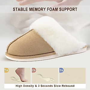 Parlovable Women's Slippers Fuzzy Warm Comfy Faux Fur Slip-on Fluffy Bedroom House Shoes Memory Foam Suede Cozy Plush Breathable Anti-Slip Indoor & Outdoor Winter Beige 7-8