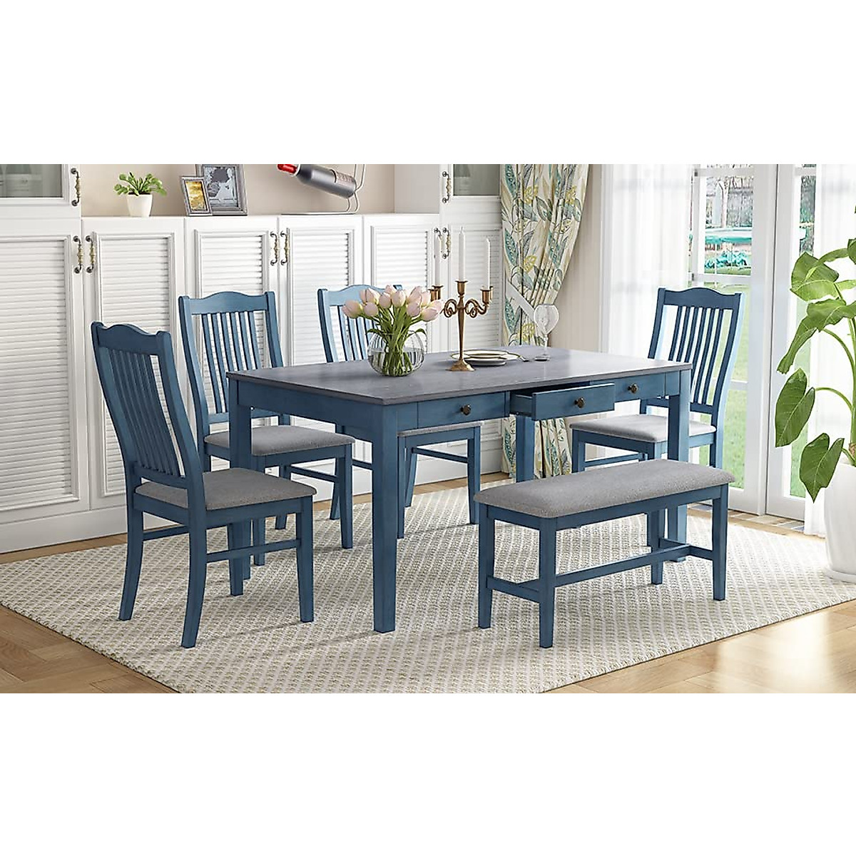 SIYSNKSI Mid-Century 6-Piece Dining Table Set with 4 Upholstered Dining Chairs and Bench, Wood Rectangular Dining Table with Drawer for Kitchen Living Room, Dining Table Set for 6 (Antique Blue)