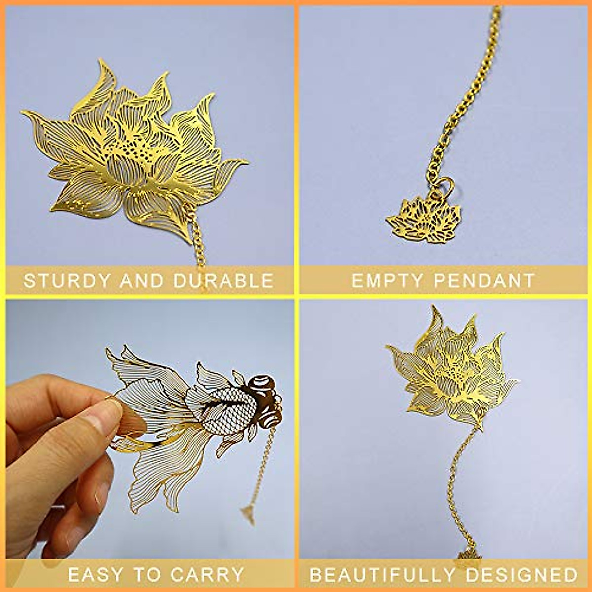 LELE LIFE 2Pack Exquisite Hollow Metal Bookmark Box, Goldfish and Lotus Pendant Book Marker, Copper Bookmark Brass Bookmark with Chain, Reading Bookmark, Style A