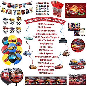 209Pcs Lightning Mcqueen Birthday Party Supplies, Mcqueen birthday Party Decorations, Birthday Decorations included Happy Birthday Banner, Balloons, Backdrop, Cupcake Toppers, stickers, Tableware