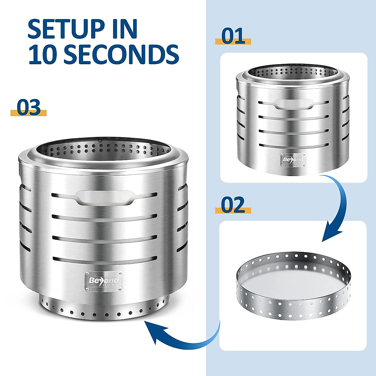 BeyondHOME 19.3 Inches Smokeless Instant Fire Pit, Stainless Steel Fire Pit Wood Burning with Ash Pan, Bonfire Stand, 10 Second Setup, Suitable for Outdoor Camping, Garden