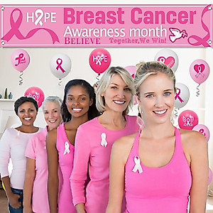 37 Pcs Breast Cancer Awareness Party Decorations Backdrop Banner Balloons Pink Ribbon Outdoor Yard Sign Hanging Banner for Breast Cancer Awareness Scene Banner Breast Cancer Charity Party Supplies