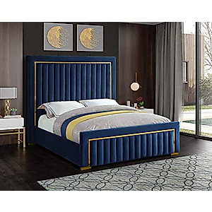 Meridian Furniture Dolce Collection Modern | Contemporary Velvet Upholstered Bed with Luxurious Channel Tufting and Gold Metal Trim/Legs, Queen, Navy