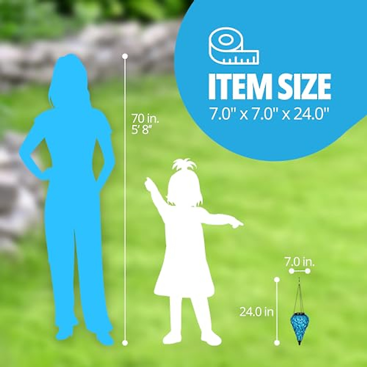 Exhart Outdoor Garden Solar Lights, Tear-Shaped Glass and Metal Hanging Lantern, 15 Firefly LED Lights, 7 x 24 Inch, Blue