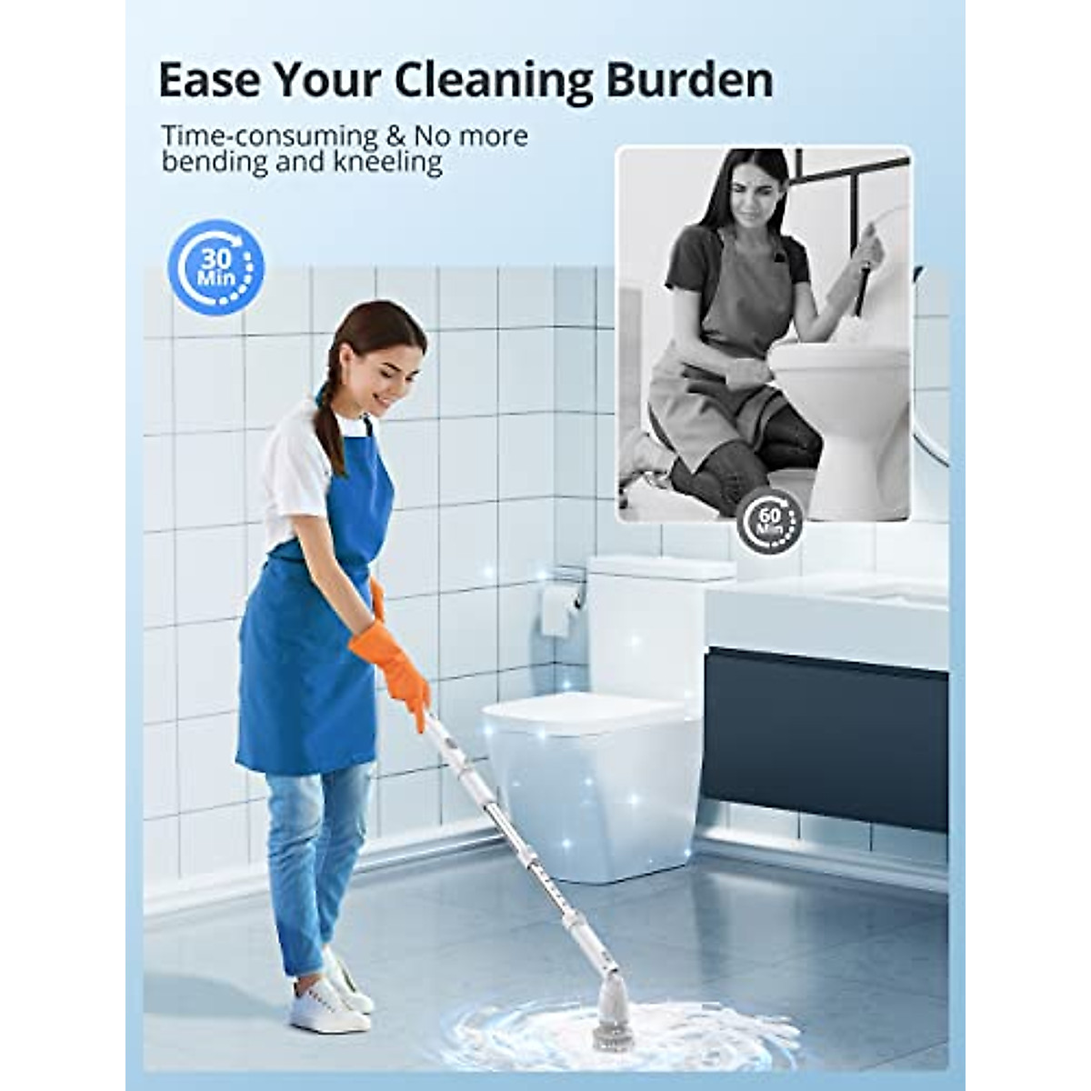 Electric Spin Scrubber, Voweek Power Scrubber with 4 Replaceable Brush Heads and Adjustable Extension Arm, Cordless Household Cleaning Brush for Bathroom Tub Tile Floor