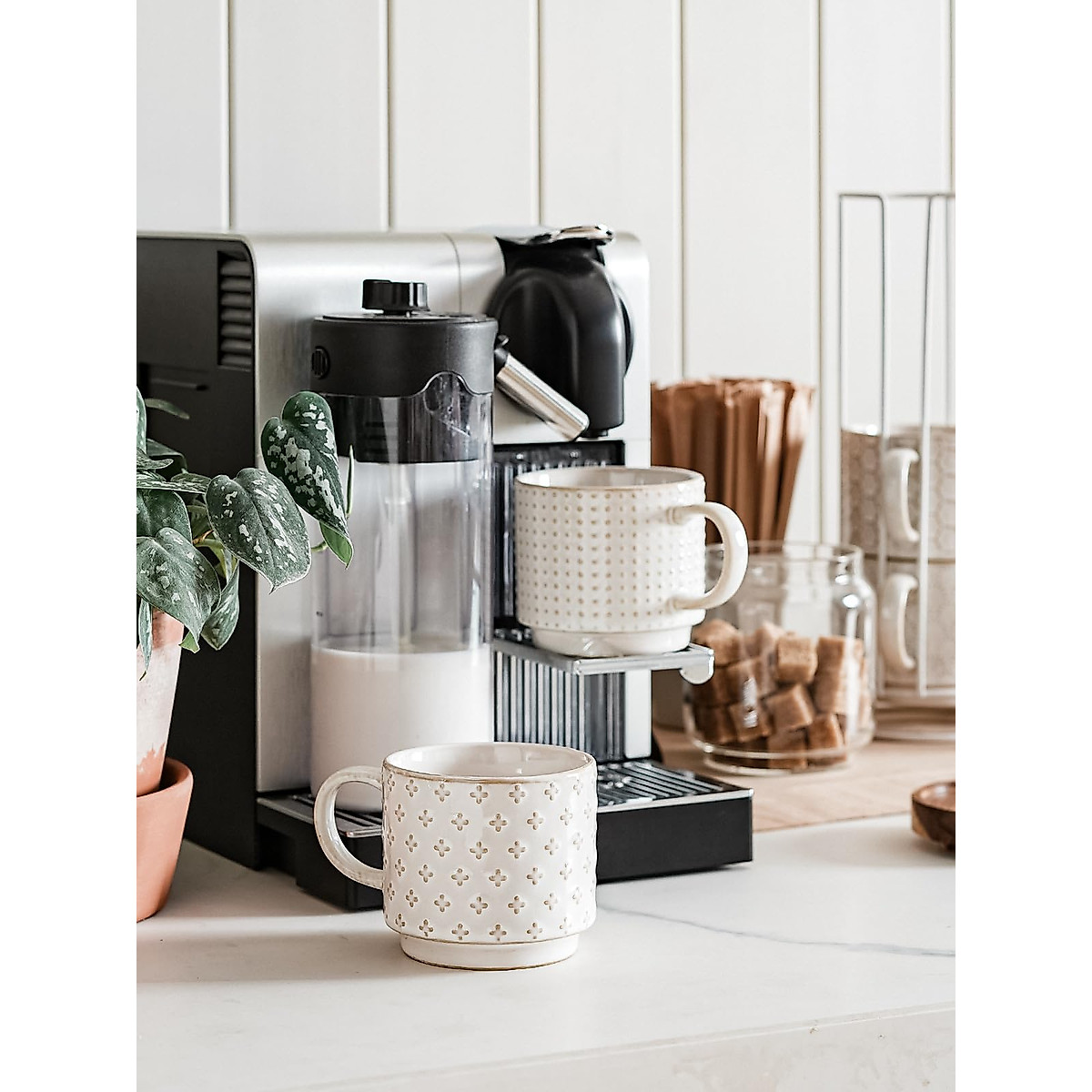 LE TAUCI Ceramic Coffee Mug Set with Stand, 8 oz Stackable Double Espresso Cups with Rack for Au Lait, Cappuccino,Latte,Cafe,Mocha, Tea,Housewarming Wedding Gift, Set of 4,Arctic white