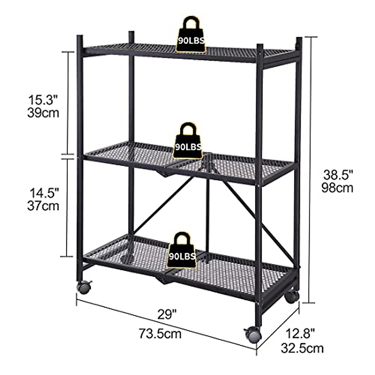 RokiaTek 3-Shelf Foldable Storage Shelves with Wheels, Large Capacity Metal Standing Shelving Unit, No Assembly Heavy Duty Organizer Rack for Kitchen, Garage, Basement, Pantry, Matte Black