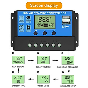 EEEkit 30A Solar Charge Controller, Solar Panel Charger Controller 12V/24V, Multi-Function Adjustable LCD Display with Dual USB Port Timer Setting PWM Auto Parameter