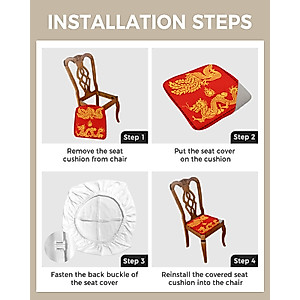 Oriental Dragon Chair Seat Covers for Dining Room Stretch Chair Seat Covers Set of 2, Chair Seat Protector Cushion Slipcovers for Kitchen Restaurant Office Traditional Chinese Happy New Year Red