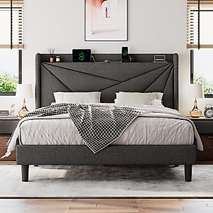 Einhomn Full Size Upholstered Bed Frame with Charging Station, Platform Bed Frame with Storage Headboard, Solid Wood Slats Support, No Box Spring Needed, Dark Gray