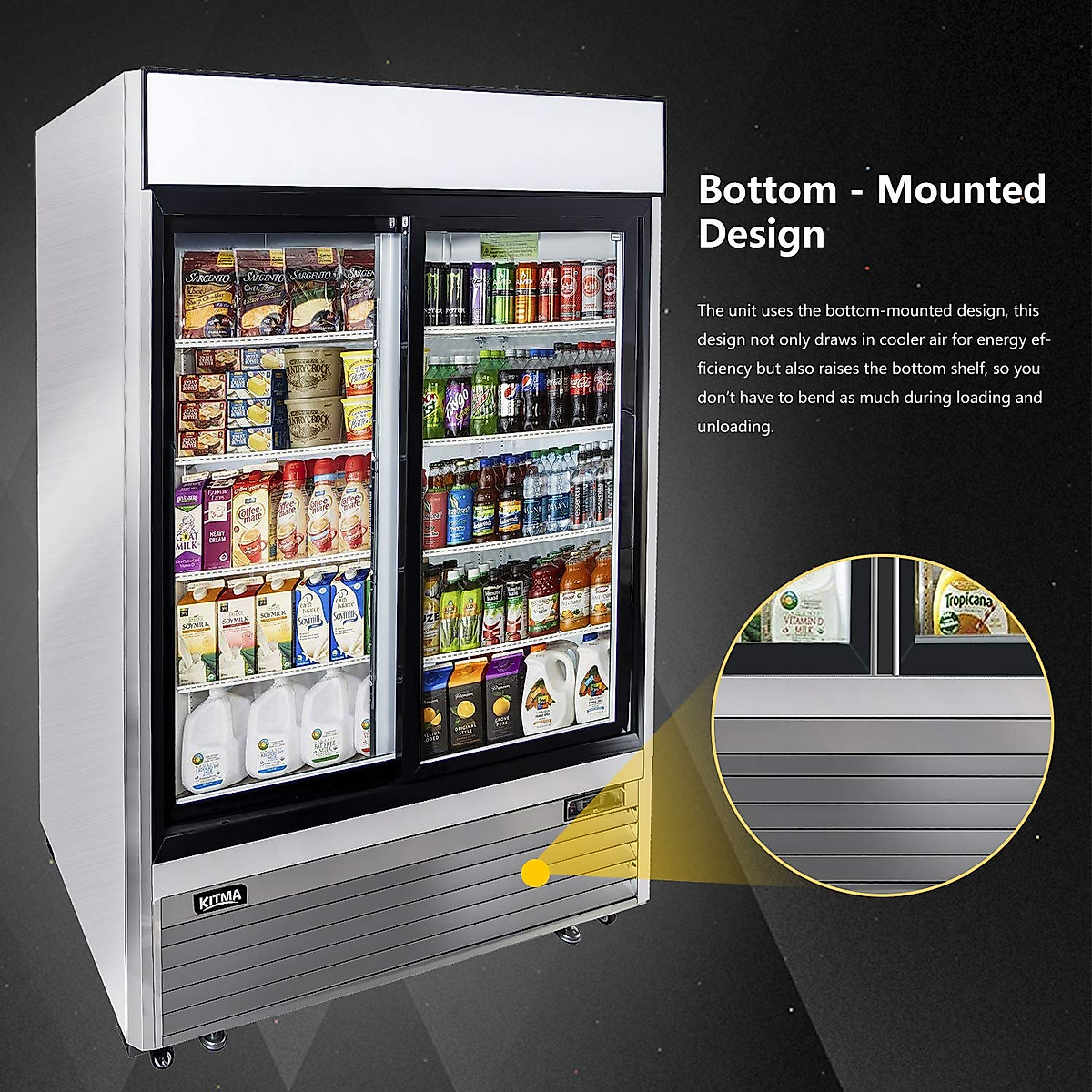 KITMA Two Section Glass Sliding Door Reach-In Refrigerator - Commercial Beverage Refrigerators, Upright Merchandiser Refrigerator, Beverage Cooler with LED Lighting - 48 Cu. Ft