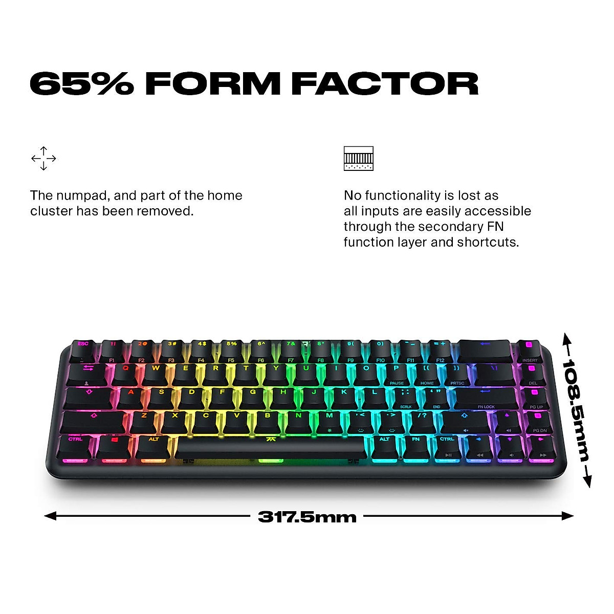 FNATIC STREAK65 - Compact RGB 60 Gaming Mechanical Keyboard - Speed Switches - 65% Layout (60 65 Percent)- Low Profile - Esports Keyboard (US Layout, QWERTY)