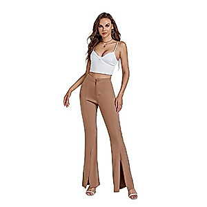 LYANER Women's Elastic High Waist Flare Leg Split Front Elegant Long Pants with Pockets Khaki X-Large
