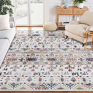GlowSol Boho Area Rug 8x10 Washable Rugs Large Moroccan Rug Non-Slip Non-Shedding Rug Tribal Print Floor Carpet Soft Distressed Carpet Foldable Rug Bedroom Dining Room Office Farmhouse