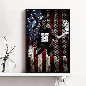 OhaPrints Personalized Lacrosse Poster & Framed Canvas, Lacrosse Player Us Flag Home Office Decor, Custom Name & Number Living Room Bedroom Aesthetic Wall Art Gift For Son, Boy, Men