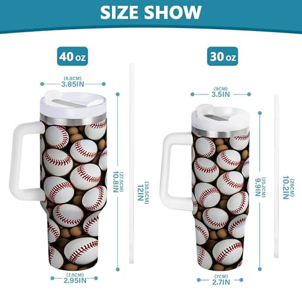Jihqo Baseball Balls Pattern 40 oz Stainless Steel Vacuum Insulated Tumbler with Handle and Straw Lid, Leakproof Water Bottle Double Wall Travel Mug Coffee Cup, Cupholder Friendly
