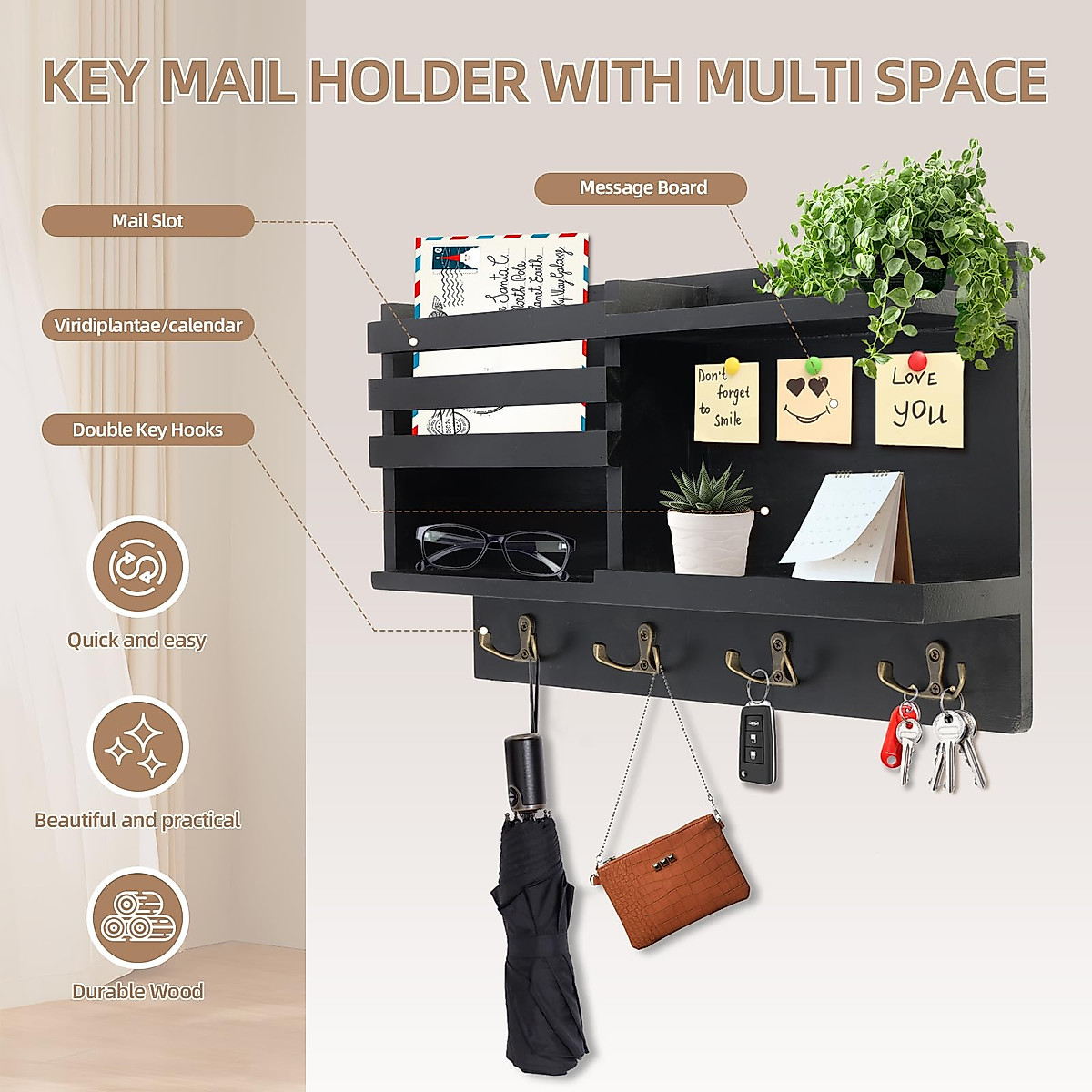 Key Holder Wall Mount, Solid Wood Key and Mail Organizer for Wall(Self Adhesive or Drill), 8 Hooks Key Rack for Entryway Hallway Bedroom Farmhouse Home Decor (Matte Black)