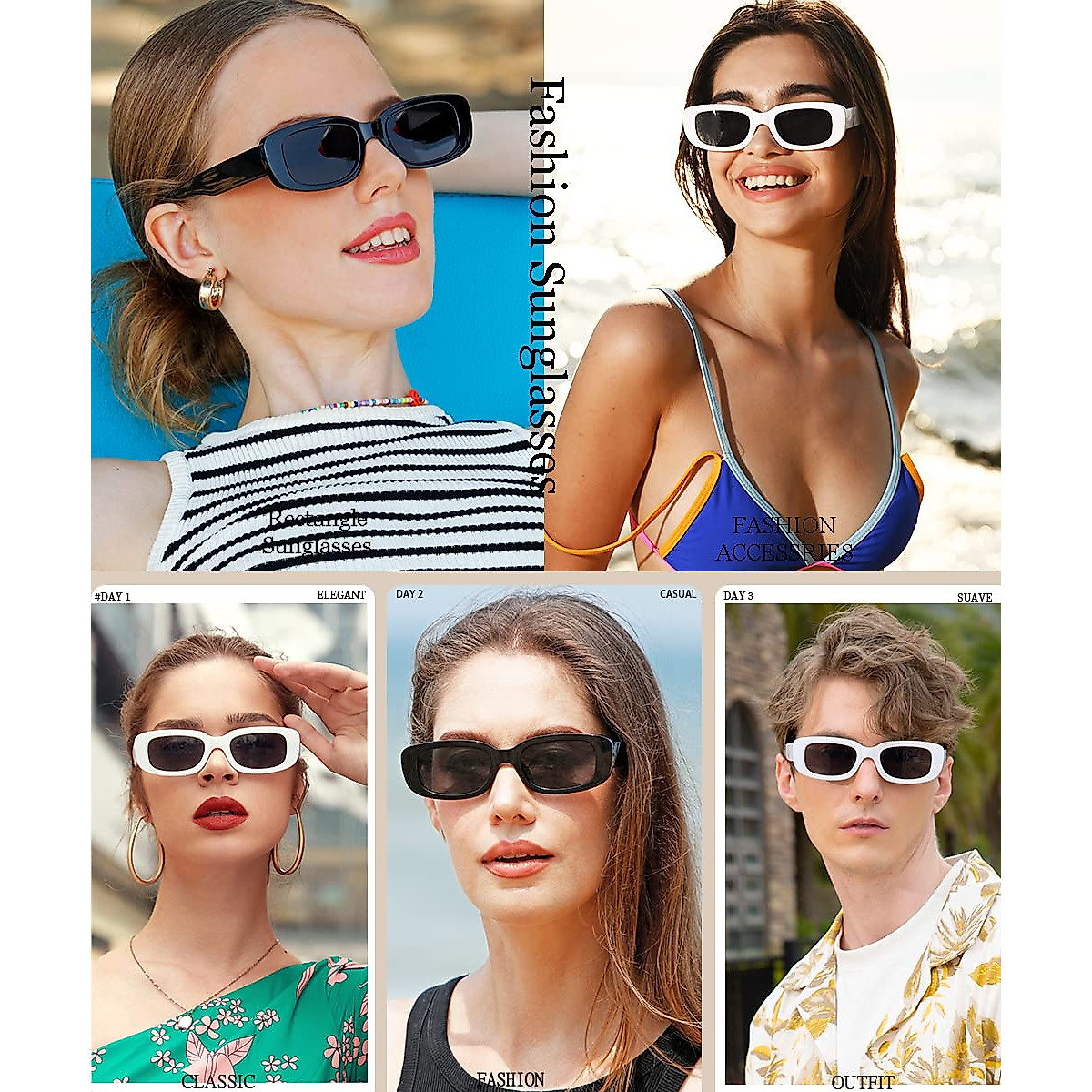 Dollger Trendy Rectangle Sunglasses For Women Men Trendy Vintage Rectangular y2k white Shades sunglasses Black+ white