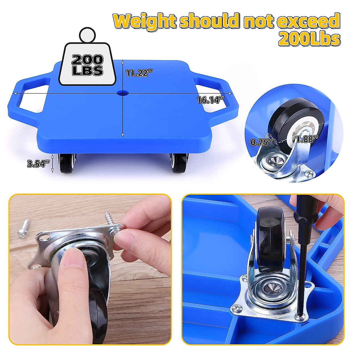 4 Pack Sports Scooter Board with Handles, Floor Scooter Board, Sitting Scooter Board for Kids Children Gym Indoor Outdoor Activities Play Equipment, 12 * 12 Inches