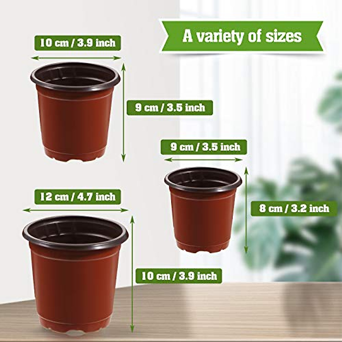 100 Pieces Plastic Plant Nursery Pots Reusable Plant Seeding Nursery Pot Flower Plant Containers Seed Starting Pots for Gardens, 3 Sizes (Brown)