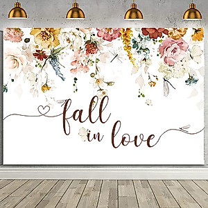 AIBIIN Fall in Love Backdrop Autumn Wedding Background Banner for Bridal Shower Party Decorations Colourful Floral Marry Anniversary Cake Table Banner Photo Booth Props 7x5ft