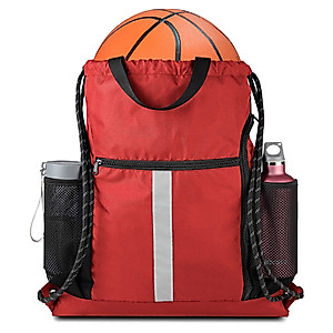 BeeGreen Red Drawstring Backpack Gymsack Bag with Shoe Compartment and Two Side Mesh Pockets Lightweight Durable Sports Cinch Sackpack 1 Pack for Women Men Workout Swim