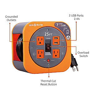 Link2Home Cord Reel 25 ft. Extension Cord 4 Power Outlets, 2 USB Ports, 2.4A Fast Charge – 16 AWG SJT Cable.