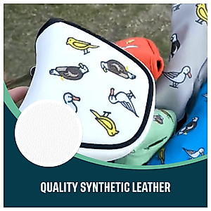 e9 golf Fore The Birds Round Mallet Putter Cover - Synthetic Leather Golf Mallet Putter Headcover - Men & Women Golf Mallet Putter Covers Accessories - Universal Fit Putter Cover - (White)