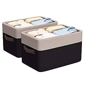 2 Pack Storage Baskets for Organizing- Foldable Storage Bins for Shelves Decorative Storage Bins Basket Linen Fabric Storage Basket with Steel Frame and PU Leather Handles (Black Beige)