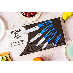 Moss & Stone Kitchen Cutlery White Ceramic Knife Set, Ceramic Knife Set and Fruit Peeler, Rust Proof & Stain Resistant, Kitchen Cooking Knife Set 5 pieces Blue Knives